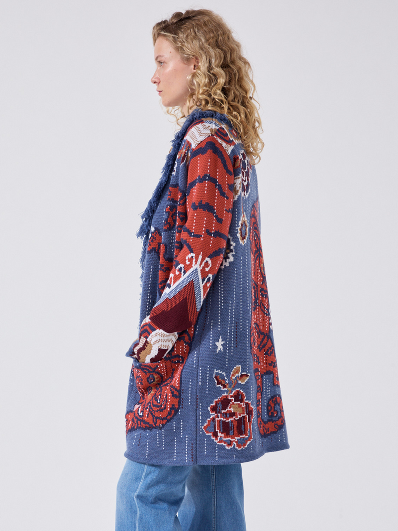Tibetan Tiger Merino Cardigan Blue – Hayley Menzies